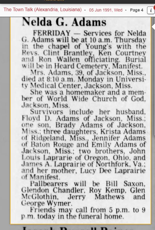 Nelda Adams – On This Date June 3, 1991 – Granny’s Front Porch